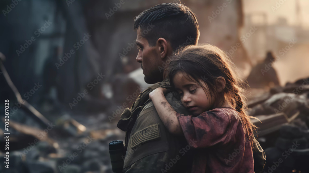 Soldier holds a child refugee little girl sad from being forced to flee ...