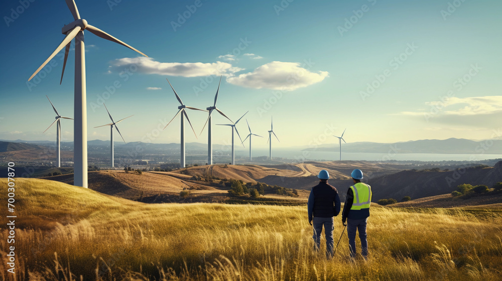 Two environmental workers in a wind power generation field, collaborating on sustainable energy ...