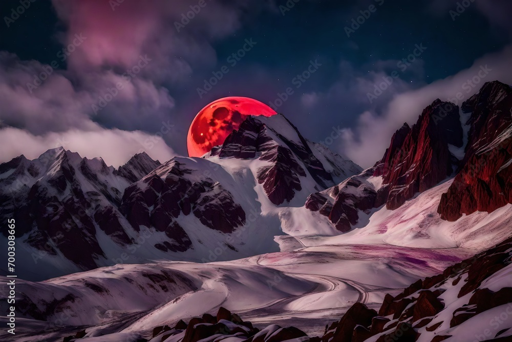 The red moon casting a crimson glow on a snowy mountain peak, with the ...