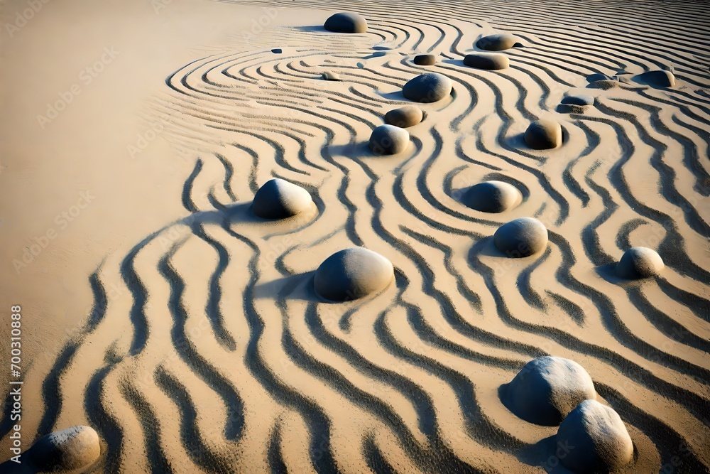 A tranquil Japanese rock garden, with meticulously raked sand creating ...