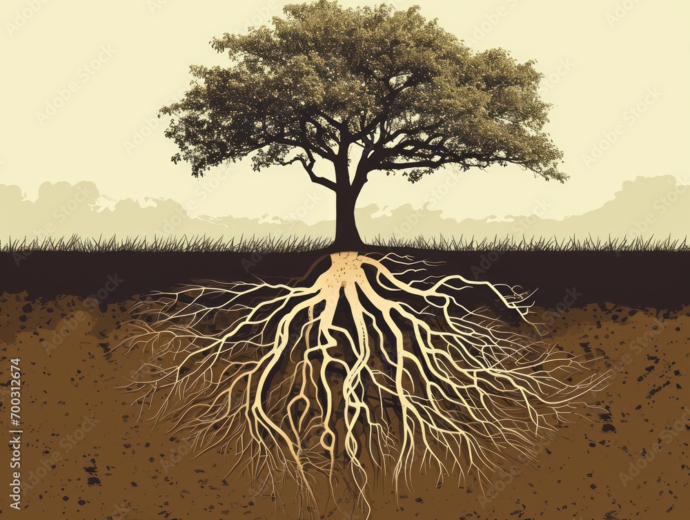 Tree with roots. illustration of tree with roots in nature background ...