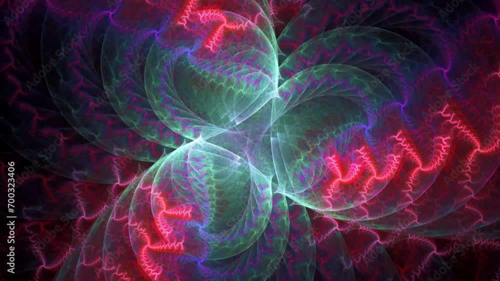 Fractal round shapes with curved glowing inclusions whirling, changes ...