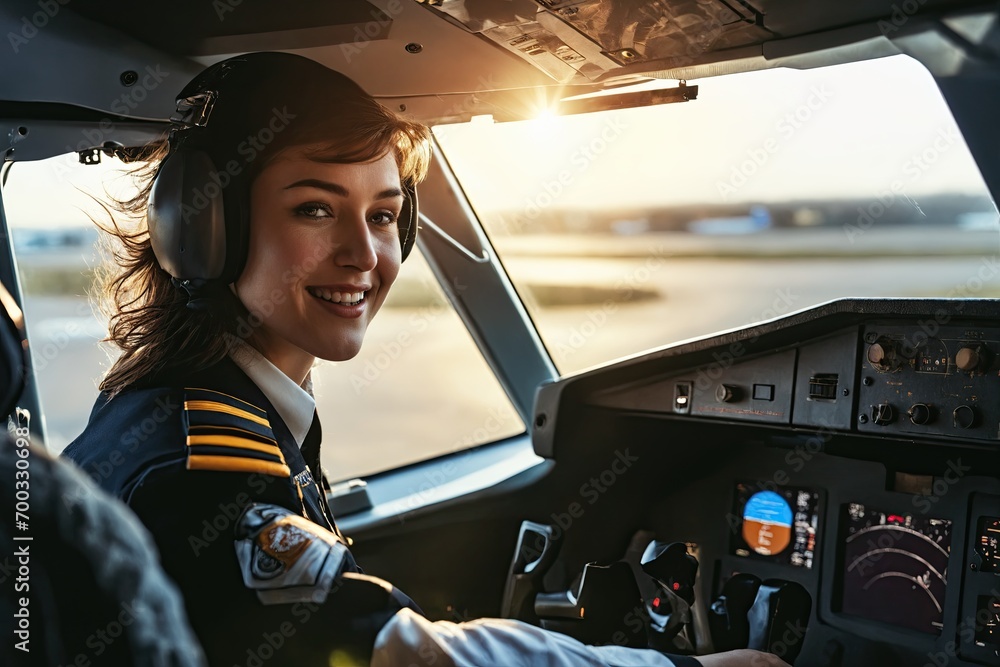 Confident beautiful woman pilot in uniform sitting in cockpit and ...