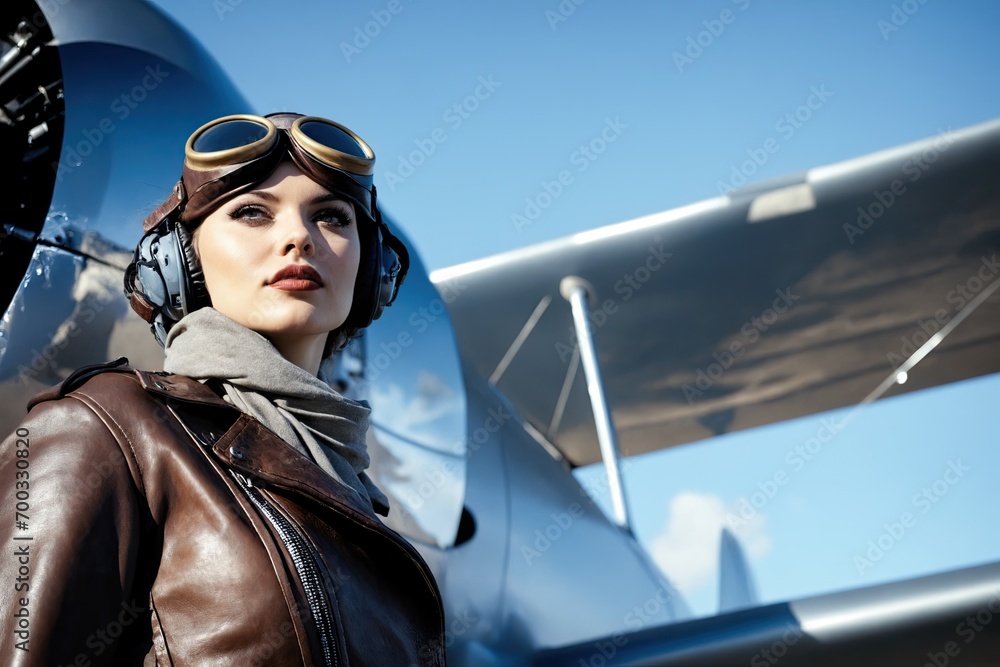 Confident female pilot in vintage leather jacket and goggles standing ...