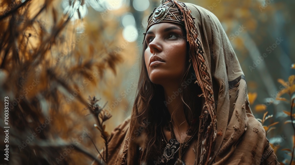 Female model as a Celtic shaman in an ancient grove, spirituality and ...