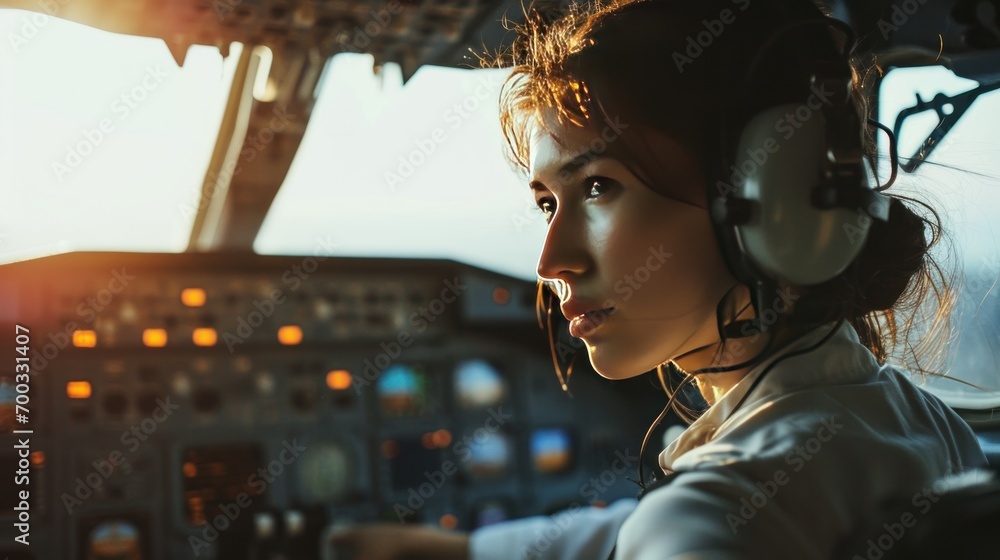 Female model as a pilot in an airplane cockpit, ambition and adventure ...