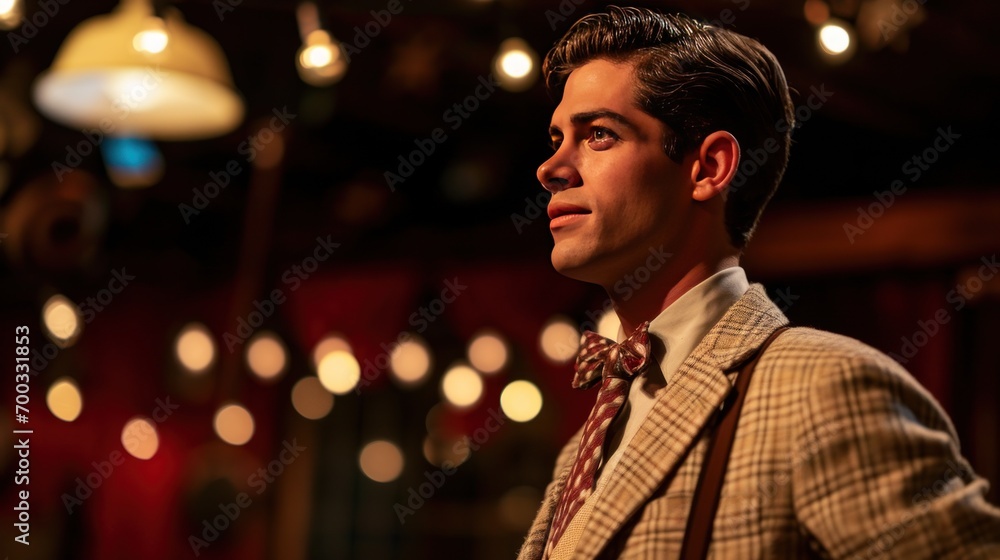 Male model as a classic Broadway performer in a 1950s musical, charm ...
