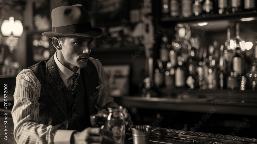 Male model as a jazz club owner in the 1920s, vintage and music. Stock ...