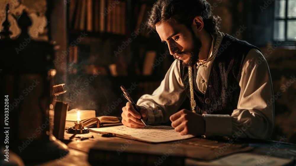Male model as a master calligrapher in an ancient scriptorium ...