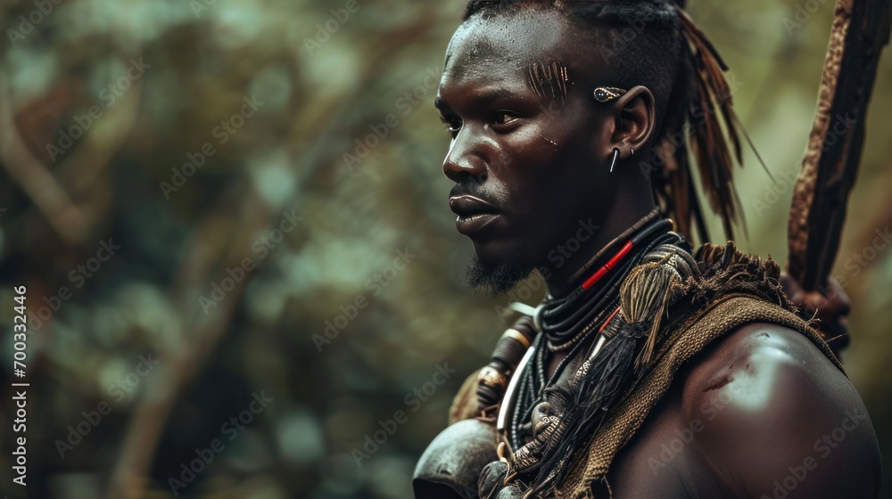 Male model as a tribal warrior in ancient Africa, strength and ...