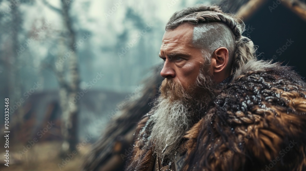 Male model as a Viking chieftain in a Norse settlement, leadership and ...
