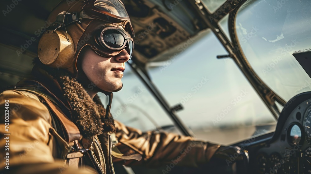 Male model as a vintage airplane pilot, nostalgia and freedom. Stock ...