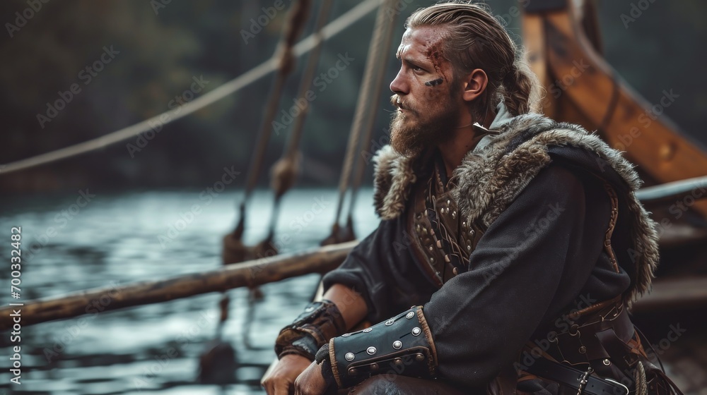 Male model as a Viking warrior in a historic longship, strength and ...