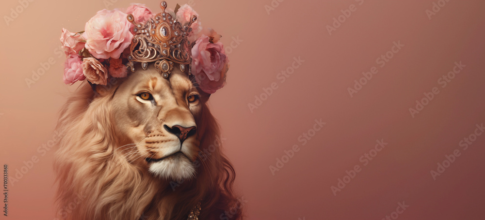 A Majestic Lioness Wearing a Princess Crown with Pink Flowers. Creative ...