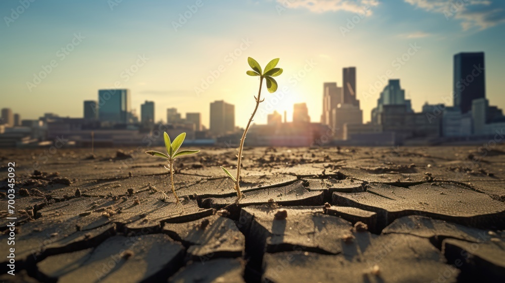 Nature's tenacity portrayed as a tree sprout pierces through cracked ...