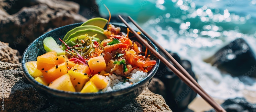 Hawaiian cuisine: Shrimp and melon poke, tropical fish and vegetable ...
