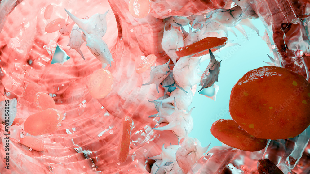 Hemostasis. Red blood cells and platelets in the blood vessel ...