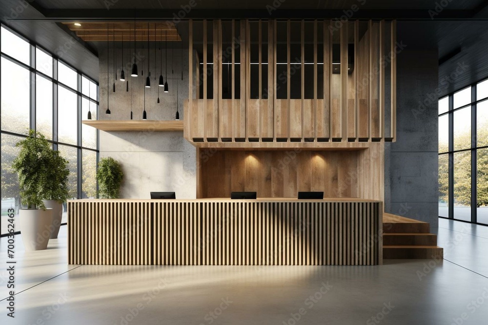 Contemporary office reception with modern design, loft aesthetics ...