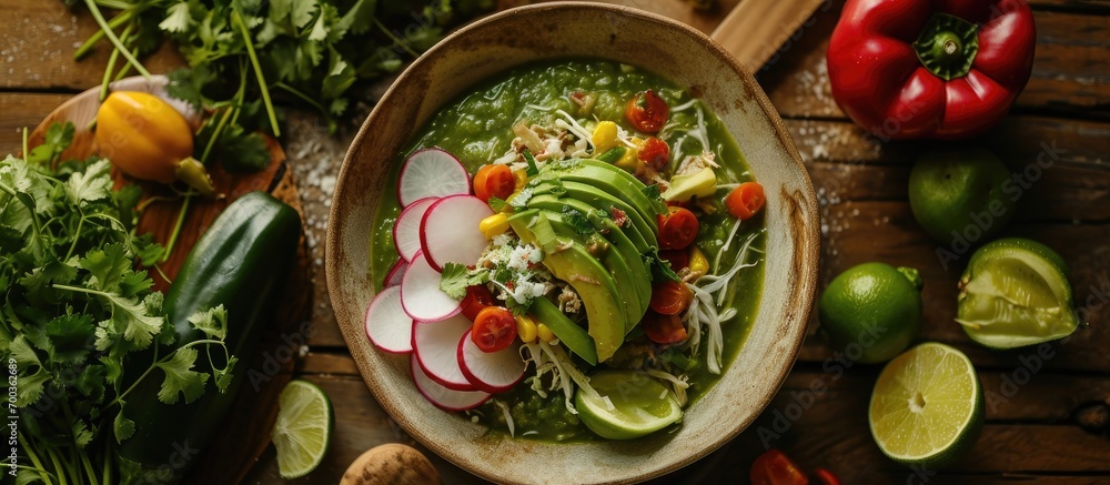 Vegan green pozole with avocado, radish, and cabbage served with raw ...
