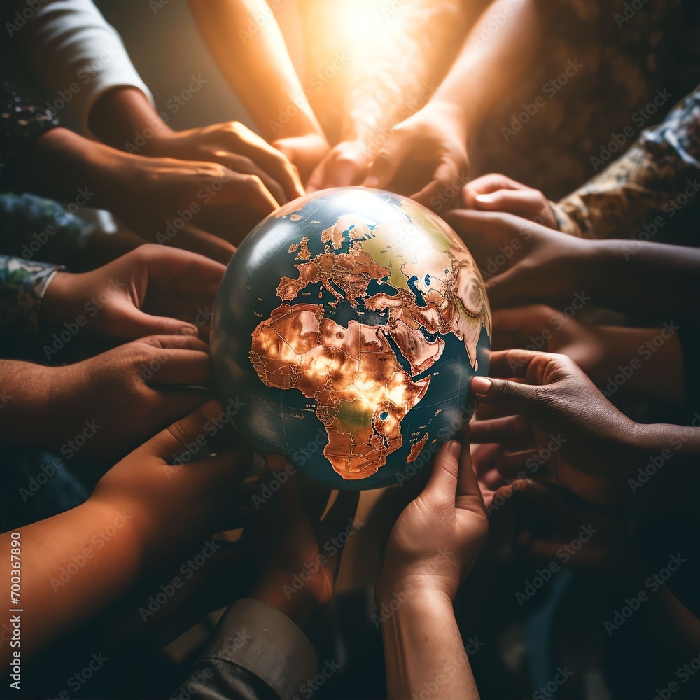 Image depicting diverse hands reaching towards a globe, symbolizing ...