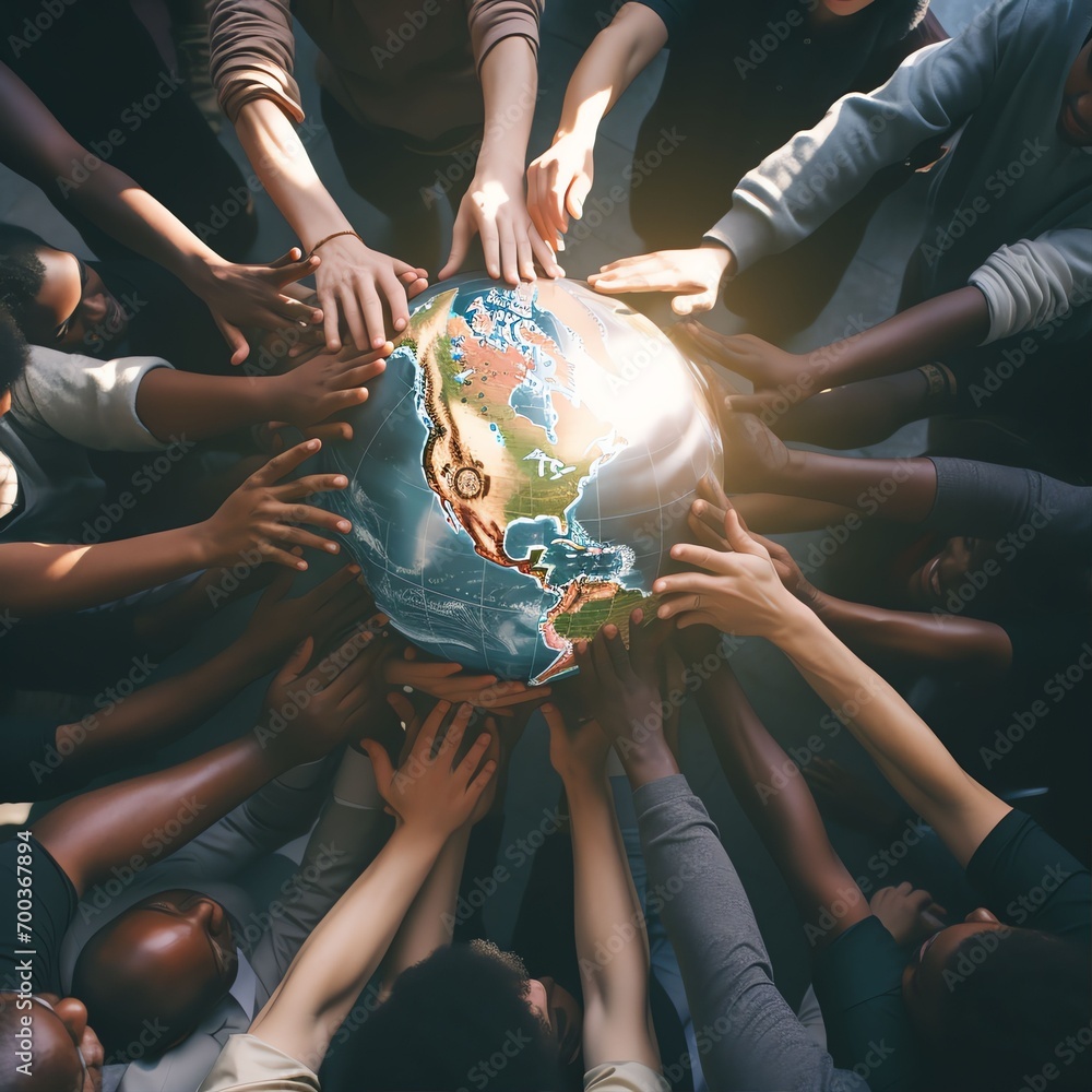Image depicting diverse hands reaching towards a globe, symbolizing ...