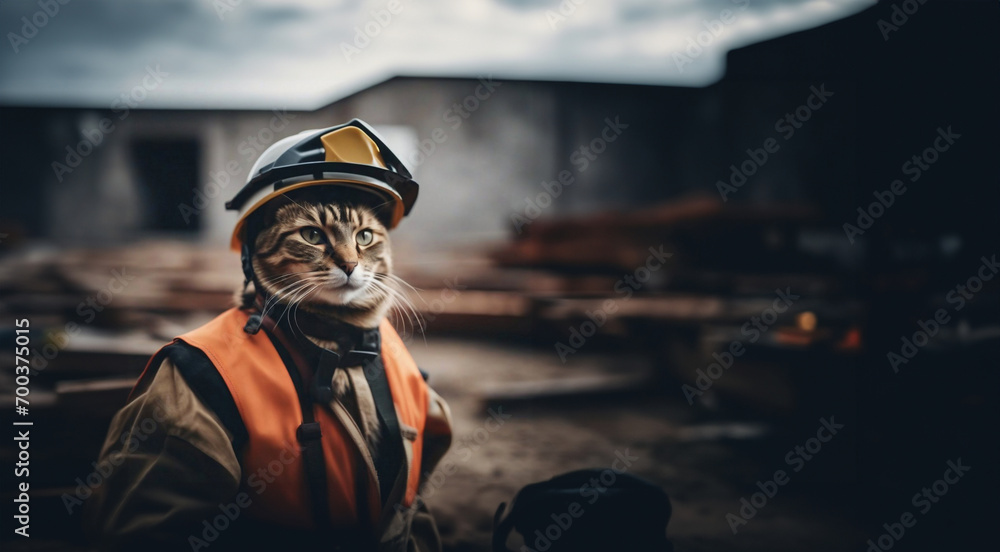 cat builder in a builder's uniform and helmet at a construction site ...