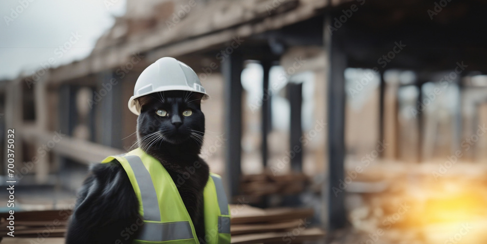 cat builder in a builder's uniform and helmet at a construction site ...