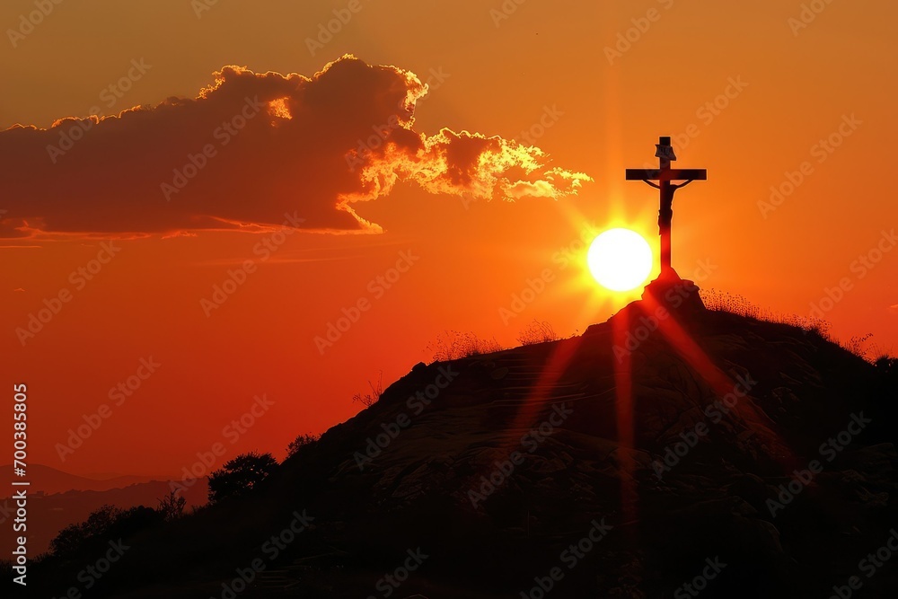 A fiery orb of the setting sun aligns perfectly with a cross on a hill ...