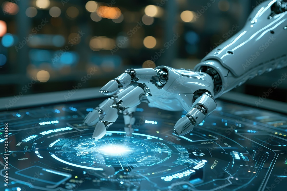 In a sci-fi security hub, an advanced robot interfaces with a 3D ...