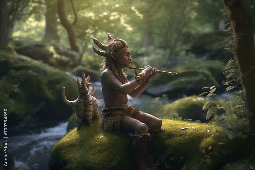 Pan, the Greek god of wilderness and nature, depicted as a satyr/faun ...