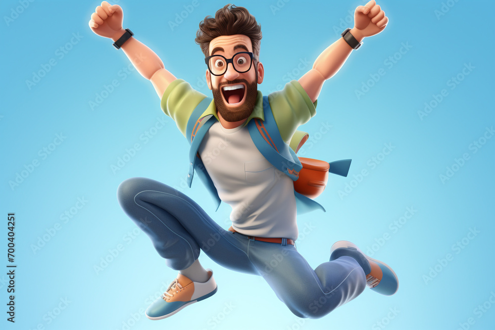 Stylish 3D Cartoon Illustration Showing A Man In A Happy Jumping Pose ...