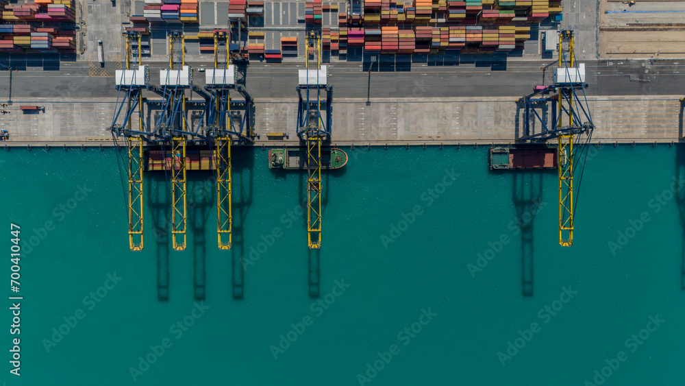 Industrial import-export port prepare to load containers. Aerial top ...