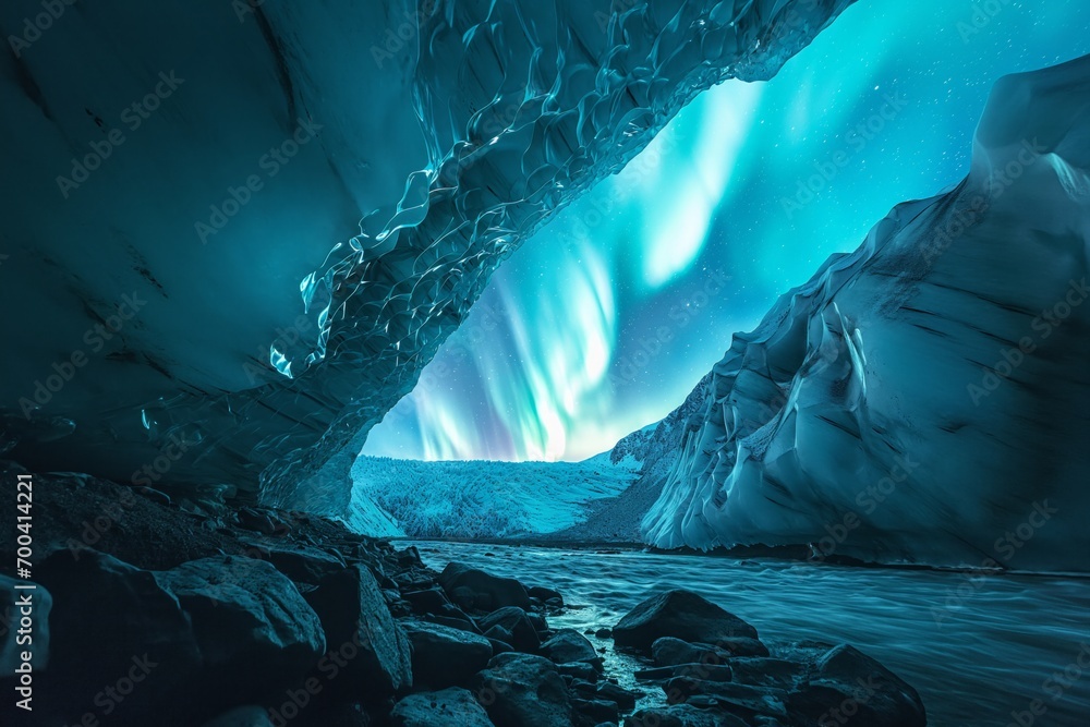 The ethereal glow of an ice cave under a glacier, with light filtering ...