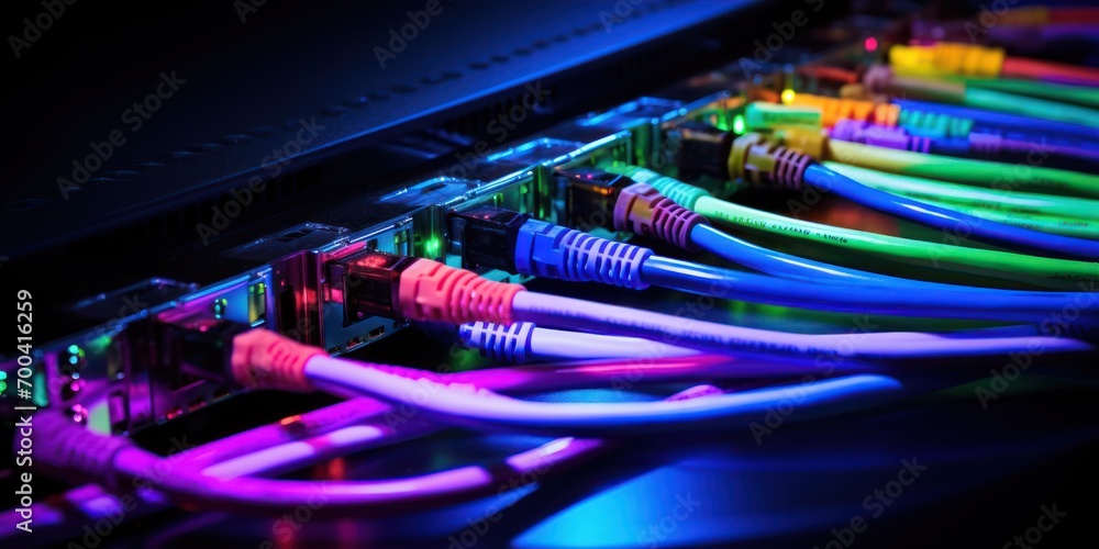 Fiber Optic cables connected to an optic ports and Network cable high ...