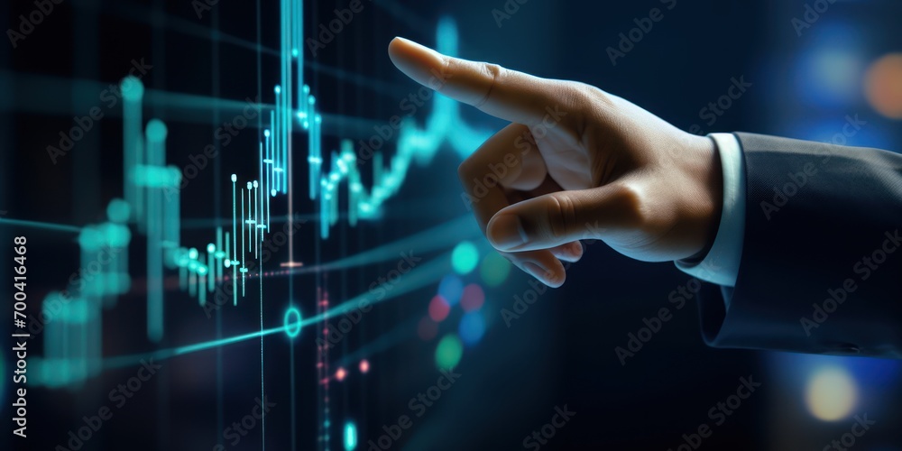 Finger touching data graph chart displayed on transparent screen, Hologram business graph chart ...
