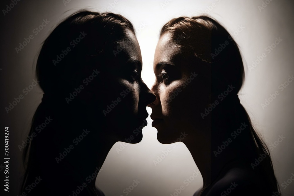 Two silhouettes with double faces depicting split personality and ...