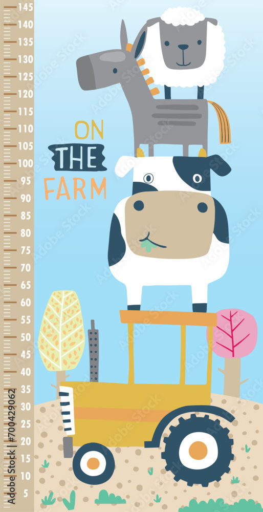 Vector illustration of height measurement wall with funny farm animals ...