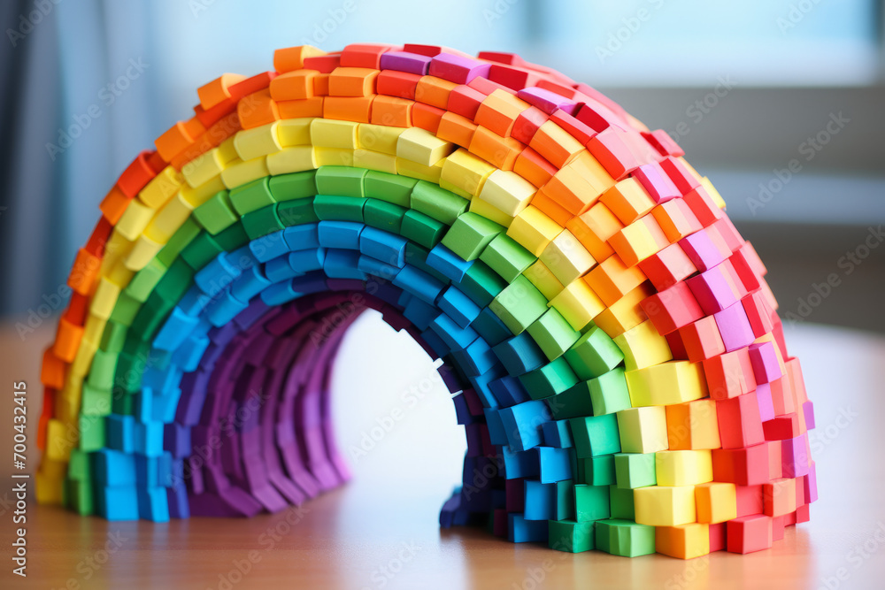 Close up photo of a 3D rainbow model made from small clay bricks Stock ...