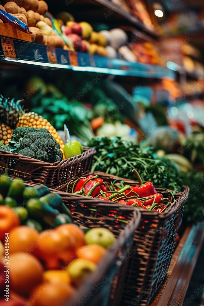 Fresh and vibrant fruits and vegetables showcased in a store. Perfect ...