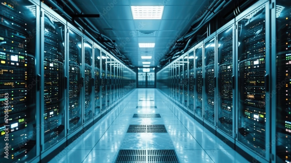 A state of the art data center with rows of server racks, Cooling ...