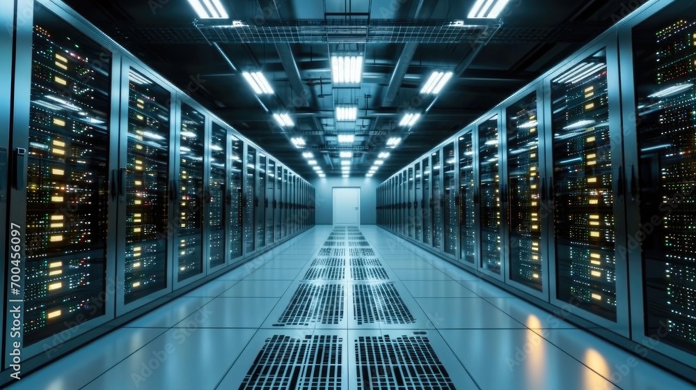 A state of the art data center with rows of server racks, Cooling systems and redundant power ...