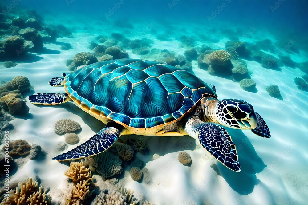 Sea turtle in the shallow vivid blue ocean with sandy seabed. Swimming ...