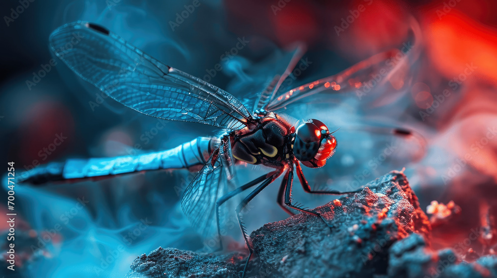 A close-up of a dragonfly enshrouded in otherworldly blue and red smoke ...