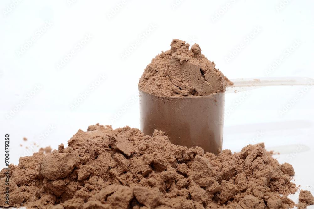Chocolate flavored protein milk powder, whey protein milk in measuring ...