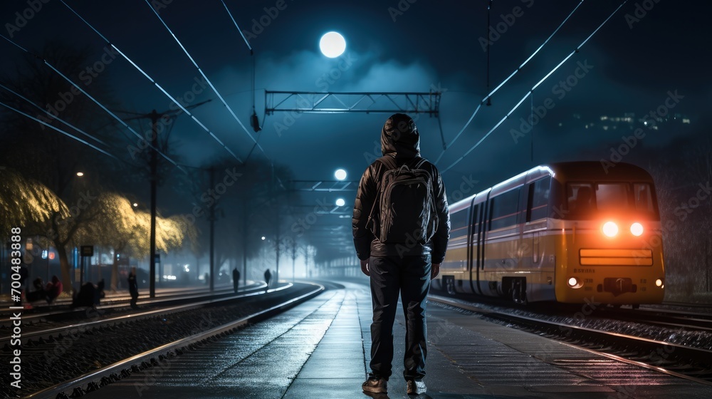 Lone traveler man waiting for a train at the train station at night ...