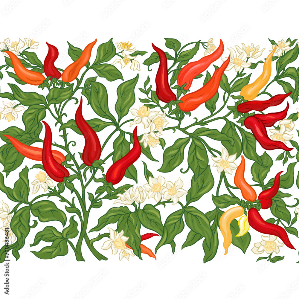 Hot chilly pepper plant with fruits and flowers Seamless pattern ...