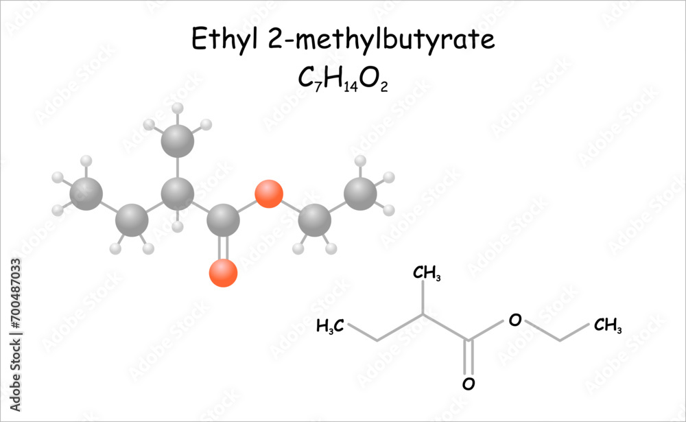 Stylized molecule model/structural formula of ethyl 2-methylbutyrate ...