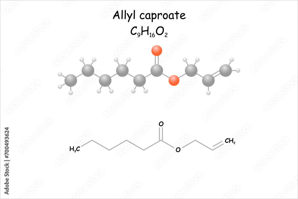 Stylized molecule model/structural formula of allyl caproate. Stock ...