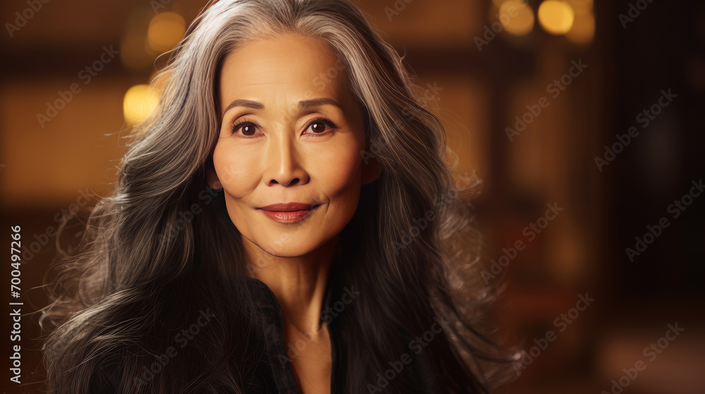 Smiling, elderly, gorgeous Asian woman with gray long hair and perfect ...