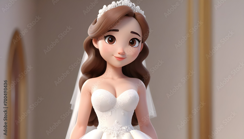 Cartoon illustration of beautiful bride wearing white wedding dress ...